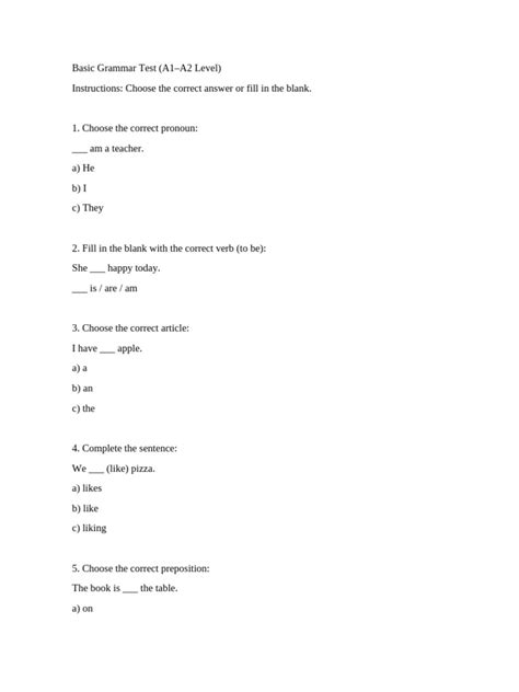 Basic Grammar Test Pdf