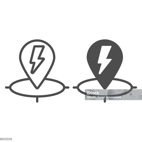 위치 맵 핀과 번개 라인과 단단한 아이콘 전기 자동차 개념 흰색 배경에 포인트 기호를 충전 모바일 및 웹개요 스타일의 번개