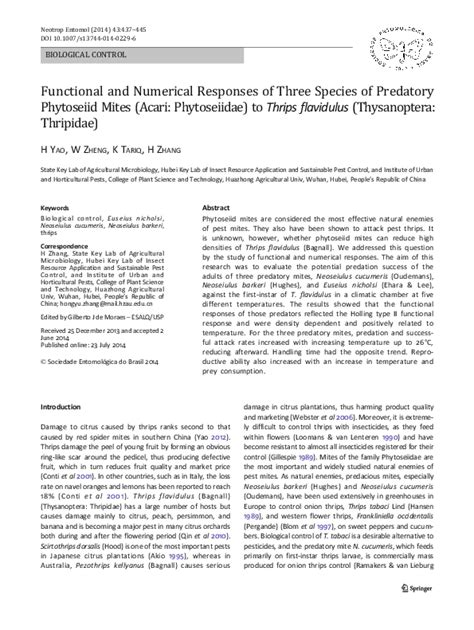 Pdf Functional And Numerical Responses Of Three Species Of Predatory Phytoseiid Mites Acari