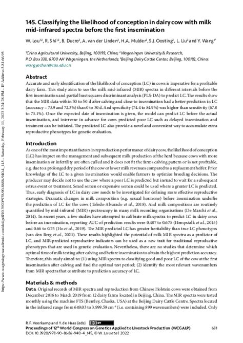 Pdf 145 Classifying The Likelihood Of Conception In Dairy Cow With Milk Mid Infrared Spectra