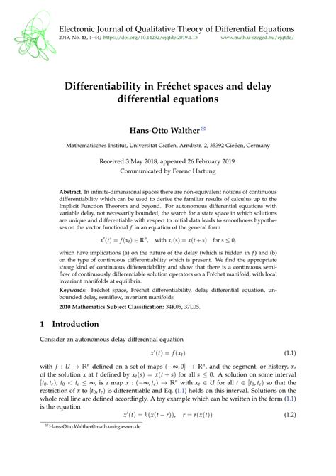 Pdf Differentiability In Fréchet Spaces And Delay Differential Equations