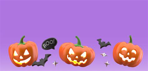 보라색 배경에 할로윈 호박과 할로윈 요소가 있는 해피 할로윈 배너 템플릿입니다 웹 사이트 으스스한 배경 또는 배너 할로윈 템플릿 3d 렌더링 10월에 대한 스톡 사진 및