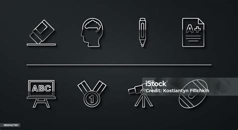 설정 라인 지우개 또는 고무 칠판 A 플러스 등급의 시험지 망원경 메달 인간의 두뇌 미식 축구 공 및 마커 펜 아이콘 벡터 3