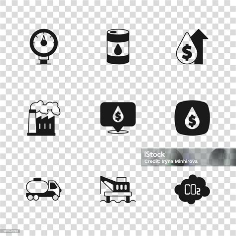 바다에 석유 플랫폼을 설정 달러 기호 Co2 배출 구름 가격 인상 모터 가스 게이지 배럴 오일 및 산업 공장 아이콘으로 떨어뜨립니다 벡터 0명에 대한 스톡 벡터 아트 및