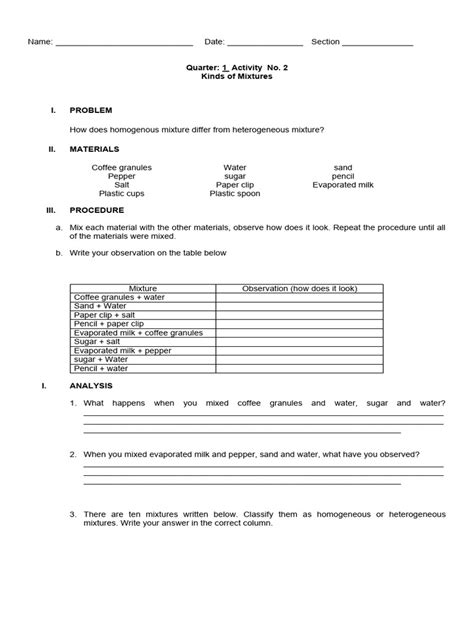 Activity On Mixture Kinds Of Mixture Pdf Mixture Homogeneity And Heterogeneity