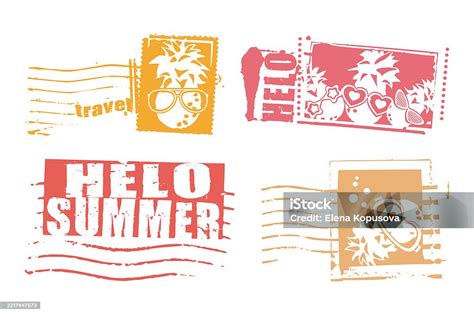 만화 스타일의 우표에 안경에 독특한 파인애플 캐릭터의 여름 세트 흰색 배경에 하와이 모티브가 있는 우표의 잉크 인쇄 여름 방학을 위한 크리에이 티브 벡터 0명에 대한 스톡