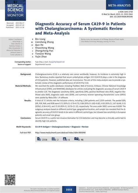 Pdf Diagnostic Accuracy Of Serum Ca19 9 In Patients With Cholangiocarcinoma A Systematic