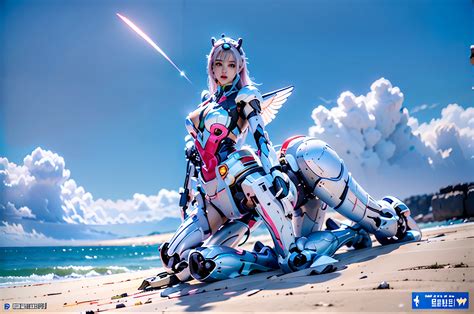 未来的な衣装を着た女の子が海辺に座っている Seaart Ai