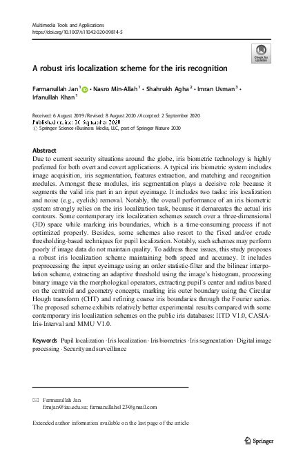 Pdf A Robust Iris Localization Scheme For The Iris Recognition