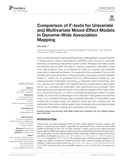 Pdf Comparison Of F Tests For Univariate And Multivariate Mixed Effect Models In Genome Wide