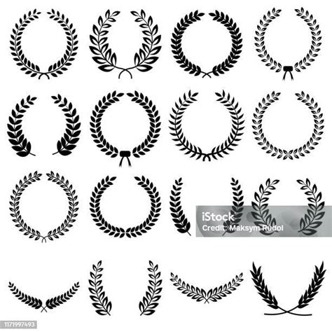 상 업적 전령 귀족을 묘사 하는 다른 흑백 실루엣 원형 월계수 Foliate 올리브 밀과 오크 화환의 컬렉션입니다 흰색 배경에서 격리된 벡터 그림 월계관에 대한 스톡 벡터