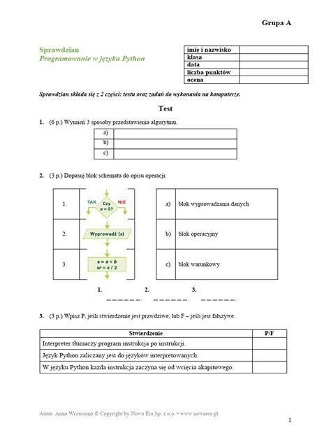 Sprawdzian Programowanie W Jezyku Python Grupa A Pdf