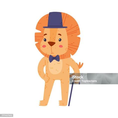 재밌는 사자 캐릭터 와 갈기 착용 최고 모자 와 나비 넥타이 서 있는 와 지팡이 벡터 일러스트 나비 넥타이에 대한 스톡 벡터