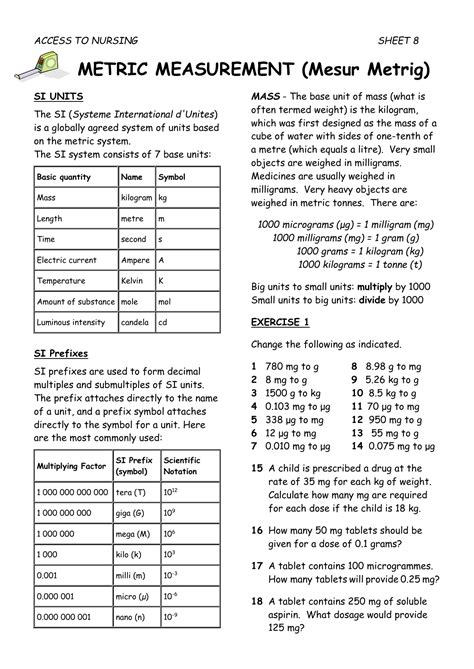 Metric Unit Sheet