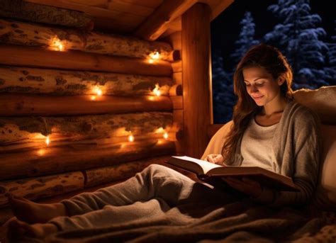 Premium Photo A Girl Reading A Book In A Log Cabin With Lights In The Background