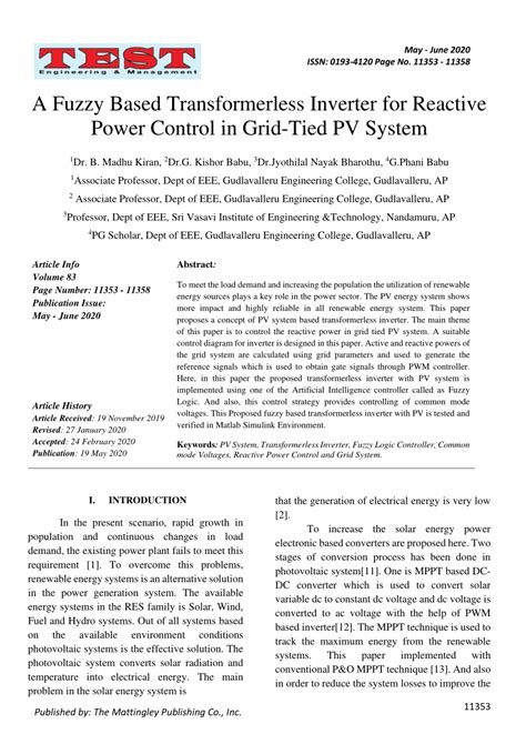 PDF A Fuzzy Based Transformerless Inverter For Reactive Power Control In Grid Tied PV System