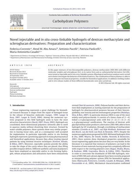 Pdf Novel Injectable And In Situ Cross Linkable Hydrogels Of Dextran