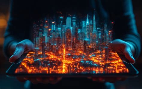 person holding tablet displaying virtual city with glowing buildings