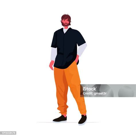 캐주얼 트렌디 한 옷 남성 만화 캐릭터 서 포즈 전체 길이 벡터 일러스트에 젊은 남자 가공의 인물에 대한 스톡 벡터 아트 및 기타 이미지 가공의 인물 남자 턱수염