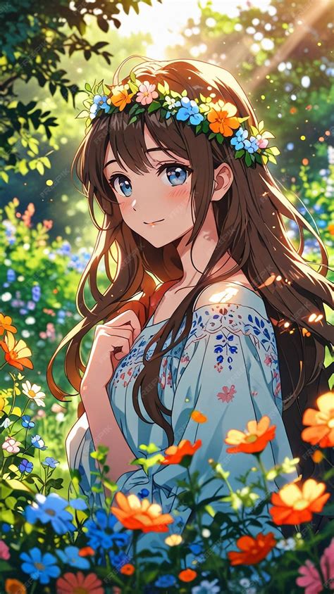 Anime Girl In A Garden With Flowers Premium Ai Generated Image