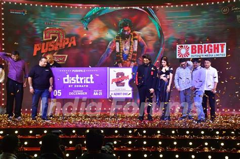 allu arjun bhushan kumar and rashmika mandanna attend the press