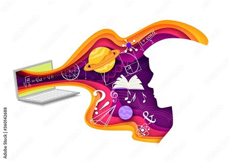 Vector Layered Paper Cut Style Science Learning Composition Human Head Silhouette Laptop With