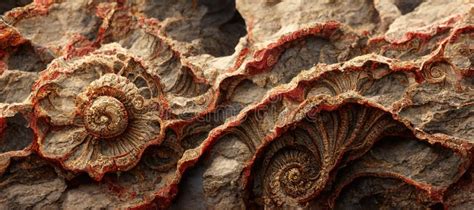 Fossilized Ammonite Sea Shell Spirals Embedded Into Rustic Brown Red