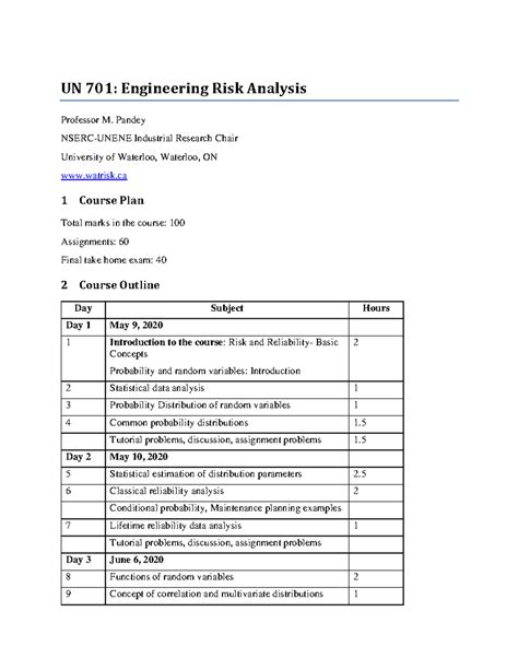 Engineering Risk Analysis Course Outline Un 701 Engineering Risk Analysis Professor M
