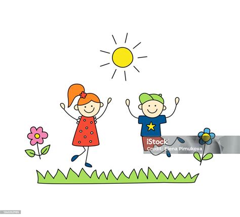 재미있는 아이들은 야외에서 놀수 있습니다 귀여운 낙서 소년과 소녀 점프 개체 그룹에 대한 스톡 벡터 아트 및 기타 이미지