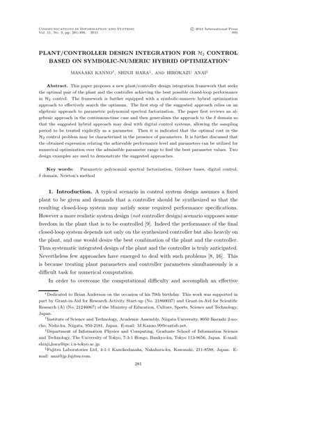 Pdf Plantcontroller Design Integration For H2 Control Based On Symbolic Numeric Hybrid