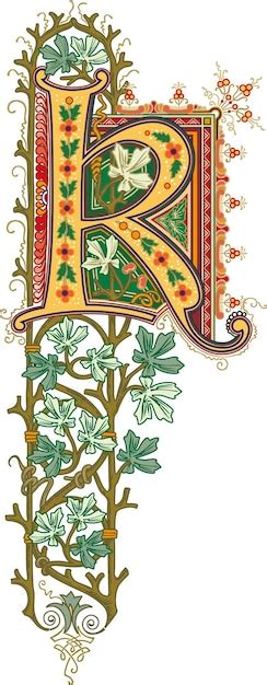 편지 K 이니셜 로얄 르네상스 중세 스타일의 대문자로 된 꽃무늬 빈티지 선조 프리미엄 벡터