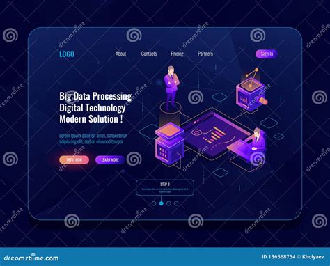 Data Visualization Concept Isometric Banner Data Analysis Datacenter Dark Neon Stock Vector