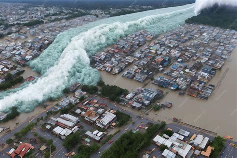 Premium Photo Tsunami Wave Flood Destroy City Building Generative Art