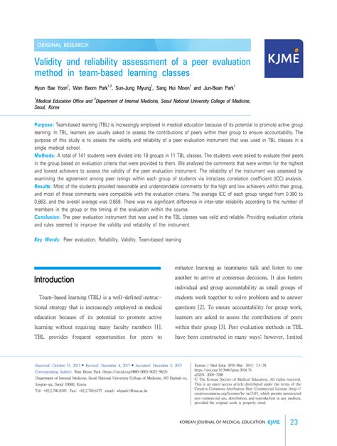 Pdf Validity And Reliability Assessment Of A Peer Evaluation Method