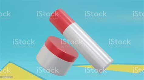 파란색 배경 3d 일러스트레이션에 흰색과 빨간색 병및 항아리가 있는 스킨 케어 제품 광고 0명에 대한 스톡 사진 및 기타 이미지 0명 3차원 형태 Concept