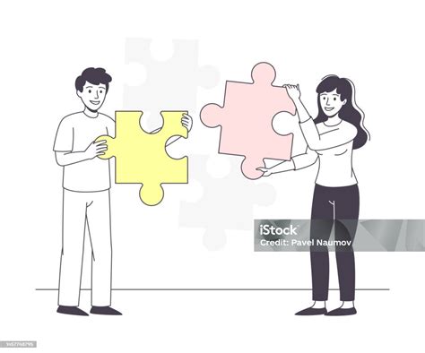 남자와 여자는 모자이크 조각을 함께 연결하는 직소 퍼즐을 조립 벡터 일러스트 레이 션 기술에 대한 스톡 벡터 아트 및 기타