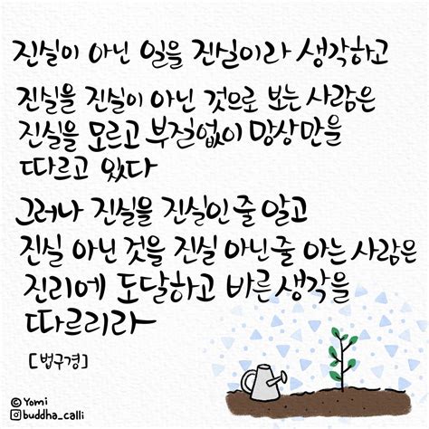 요미 캘리그라피 진실이 아닌 일을 진실이라 생각하고 진실을 진실이 아닌 것으로 보는 사람은 진실을 모르고 부질없이 망상만을 따르고 있다 그러나 진실을 진실인 줄