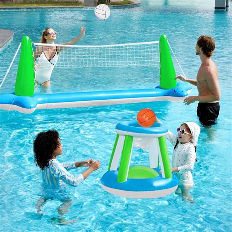 Syncfun Inflatable Pool Game Set Volleyball Net Basketball Hoops
