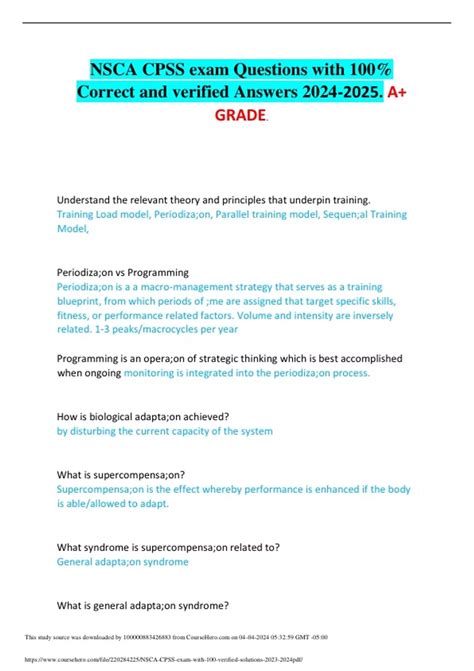 NSCA CPSS Exam Questions With Correct And Verified Answers NSCA CPSS Stuvia US