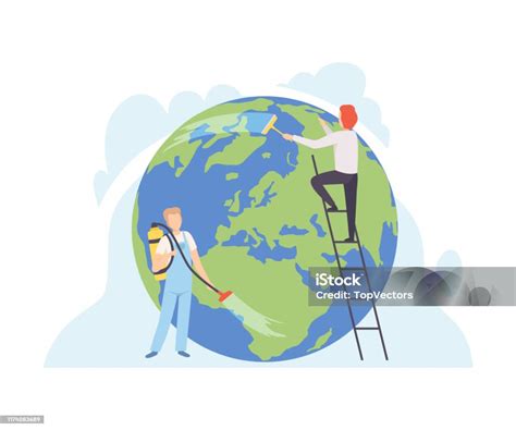 청소 도구로 지구 행성을 청소하는 사람들 지구 생태학 환경 자연 보호 플랫 벡터 일러스트레이션에 대해 돌보는 자원 봉사자 개념에 대한 스톡 벡터 아트 및 기타 이미지