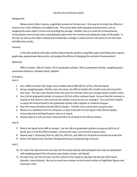 Liquid Density Lab Density Of An Unknown Liquid Background Measurement Often Involves A Studocu