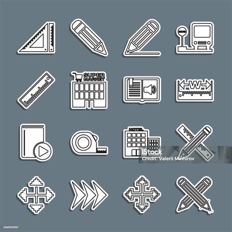 선 설정 십자 연필 눈금자 및 높이 길이 측정 연필 선 슈퍼마켓 건물 눈금자 삼각형 및 오디오 북 아이콘 벡터 4가지 개체에 대한 스톡 벡터 아트 및 기타 이미지 Istock