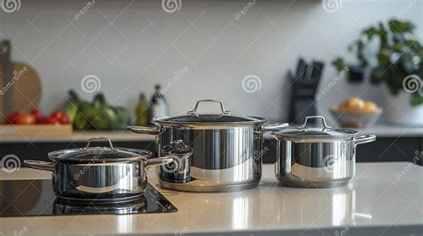 Sleek Stainless Steel Cookware Set On Modern Kitchen Counter Aesthetic