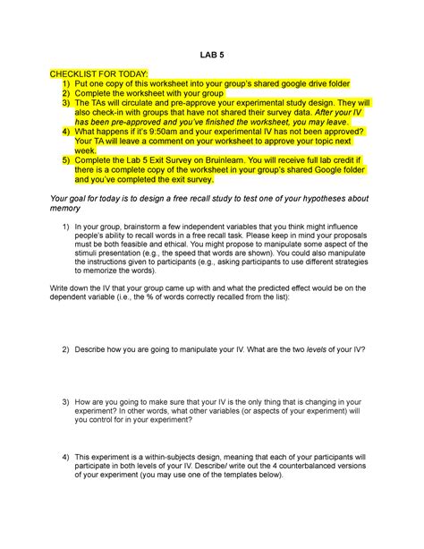Lab 5 Worksheet 1 Lab Lab 5 Checklist For Today 1 Put One Copy Of