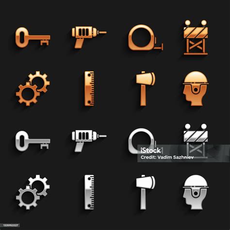 세트 눈금자 도로 장벽 노동자 안전 헬멧 나무 도끼 기어 룰렛 구조 오래된 키 및 전기 드릴 머신 아이콘 벡터 거리가 먼에 대한