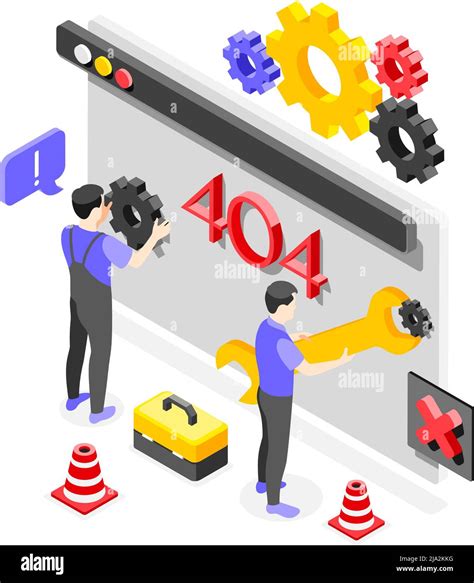 Error Isometric Composition Abstract Situation Where Technicians Fix A Bug With Tools Vector