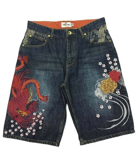 Mens Jeans Shorts Capri Denim Japanese Pattern Embroidery Phoenix