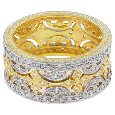 18k Two Tone Gold Diamond Engraved Floral Open Work Eternity Wide Band