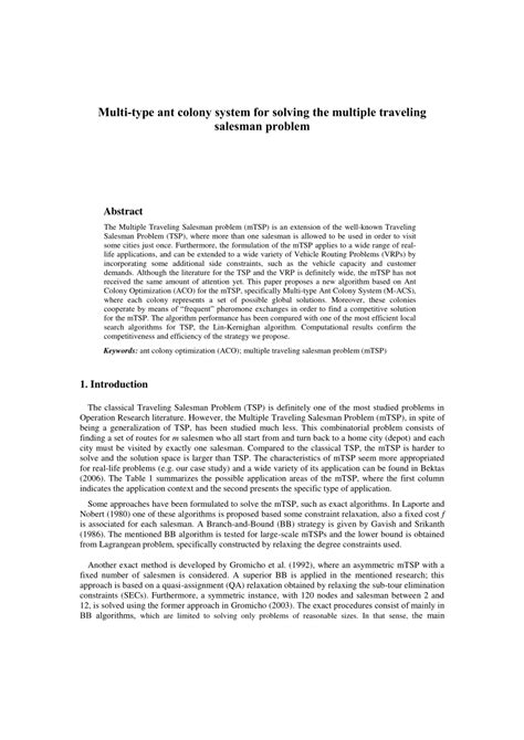 Pdf Multi Type Ant Colony System For Solving The Multiple Traveling Salesman Problem
