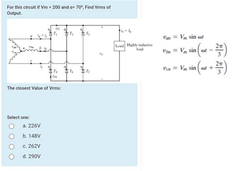 solved for this circuit if vm 200 ﻿and a 70° ﻿find vrms of